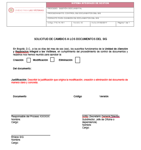 Formato para cambios del SIG V2 | Unidad para las Víctimas